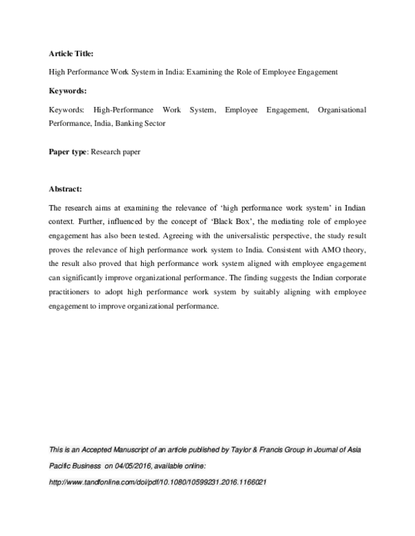 (PDF) High Performance Work System in India: Examining the Role of ...