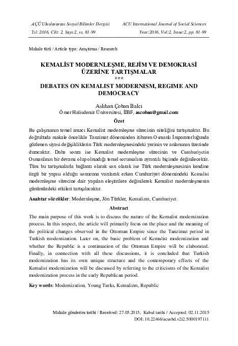(PDF) KEMALİST MODERNLEŞME, REJİM VE DEMOKRASİ ÜZERİNE TARTIŞMALAR ...