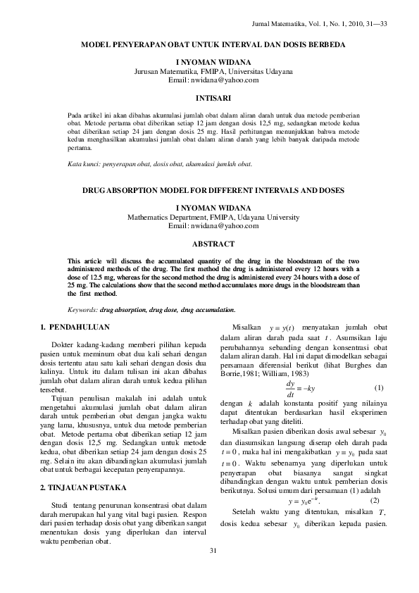 (PDF) MODEL PENYERAPAN OBAT UNTUK INTERVAL DAN DOSIS BERBEDA DRUG ...