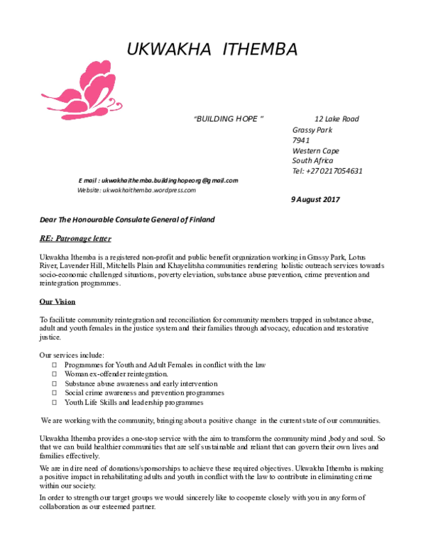 Dear The Honourable Consulate General of Finland RE: Patronage letter
