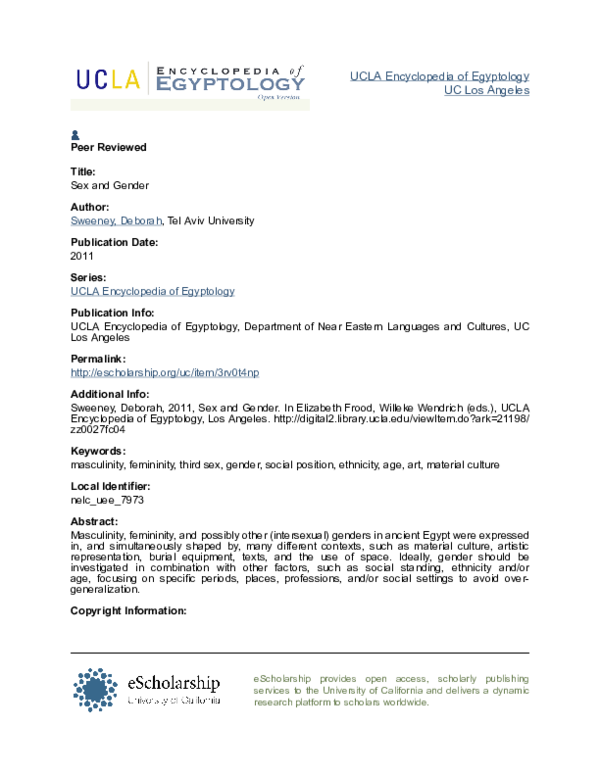 (PDF) Sweeney, Deborah, 2011, Sex and Gender. In Elizabeth Frood ...