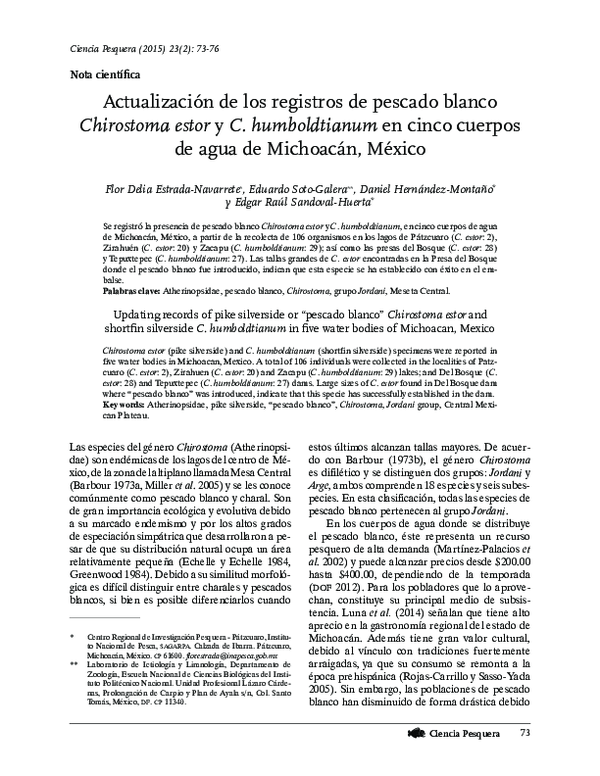(PDF) Actualizacion de los registros de pescado blanco Chirostoma estor
