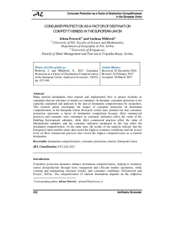 (PDF) CONSUMER PROTECTION AS A FACTOR OF DESTINATION COMPETITIVENESS IN ...