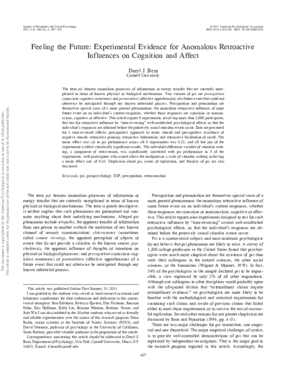 (PDF) Feeling the Future: Experimental Evidence for Anomalous ...