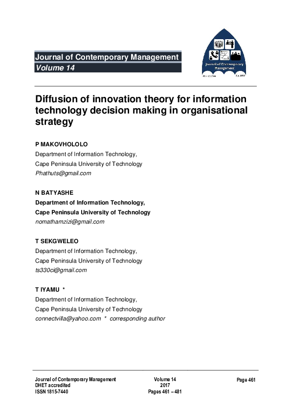 (PDF) Diffusion of innovation theory for information technology ...
