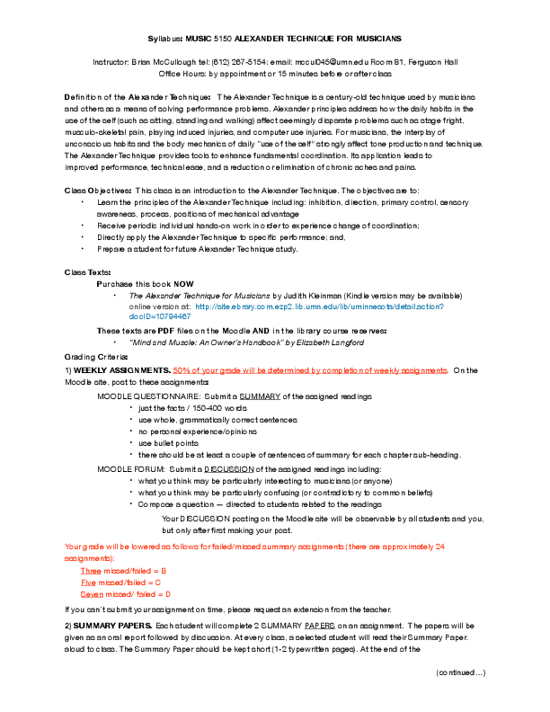 (PDF) Alexander Technique Syllabus at the University of Minnesota MUS 5150
