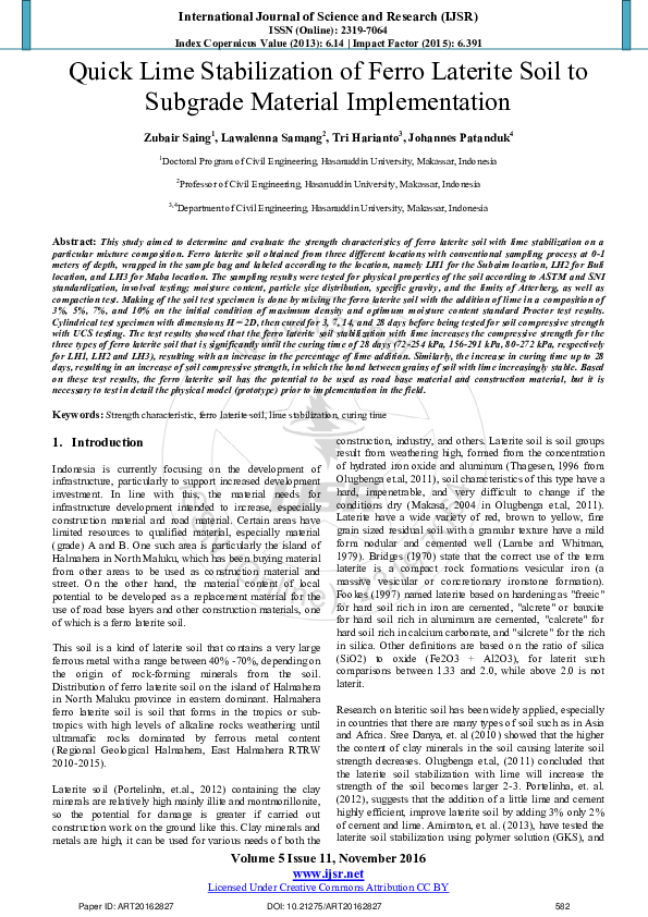 (PDF) Quick Lime Stabilization of Ferro Laterite Soil to Subgrade ...