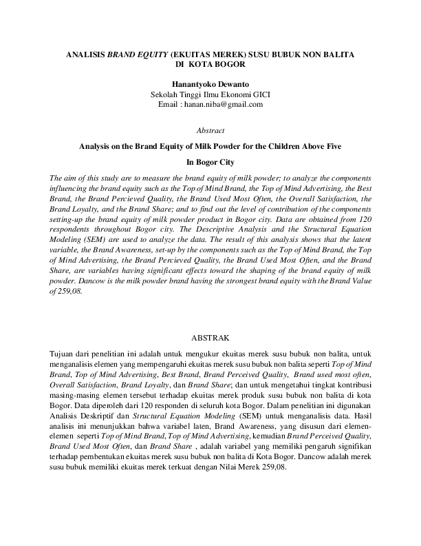 (PDF) ANALISIS BRAND EQUITY (EKUITAS MEREK) SUSU BUBUK NON BALITA DI ...