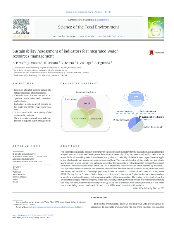 (PDF) Sustainability Assessment of indicators for integrated water ...