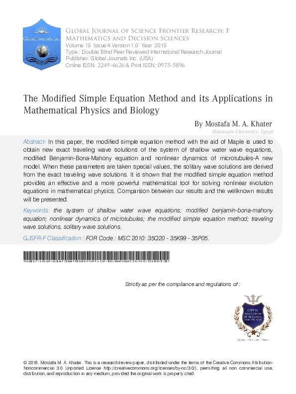 Pdf The Modified Simple Equation Method And Its Applications In
