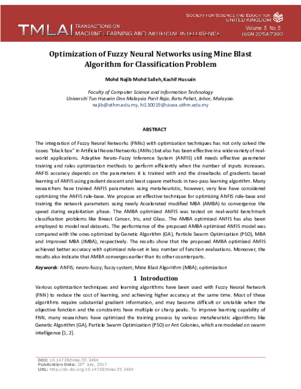 Pdf Optimization Of Fuzzy Neural Networks Using Mine Blast Algorithm