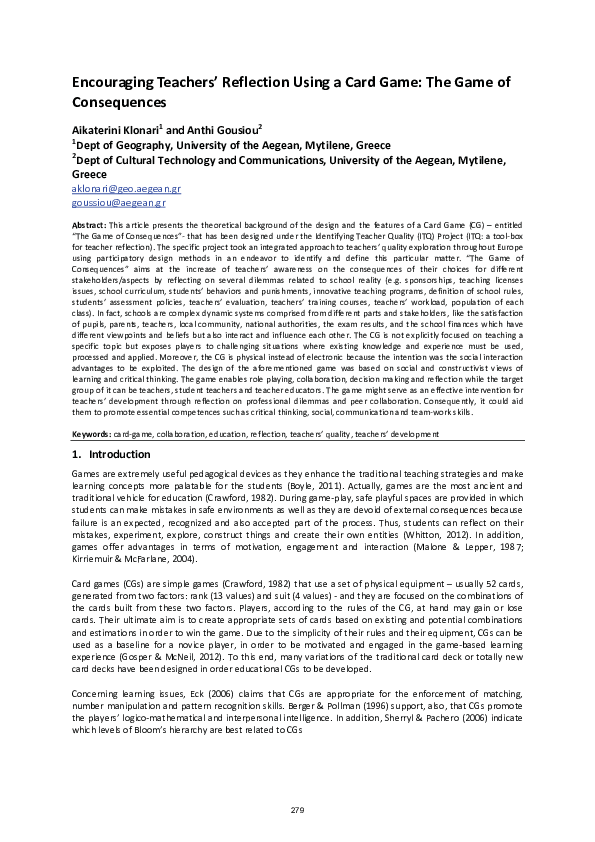 (PDF) Encouraging Teachers' Reflection Using a Card Game: The Game of ...