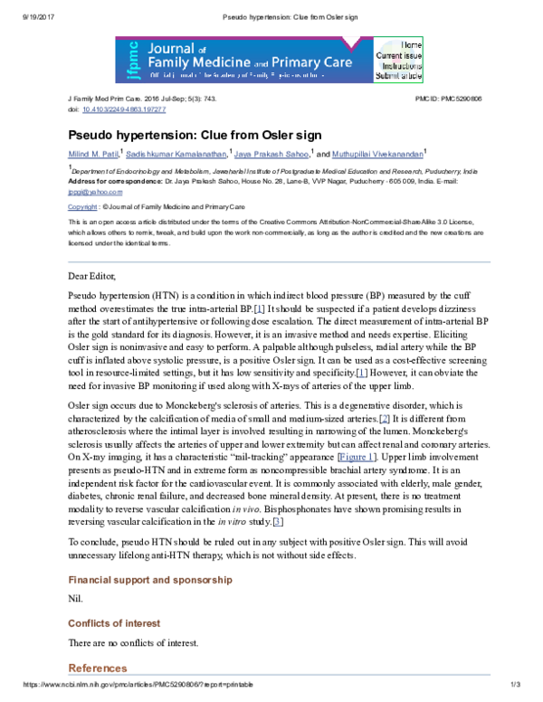 (PDF) Pseudo hypertension: Clue from Osler sign