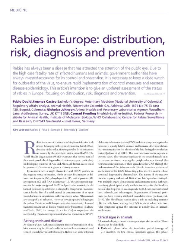 (PDF) Rabies in Europe: distribution, risk, diagnosis and prevention
