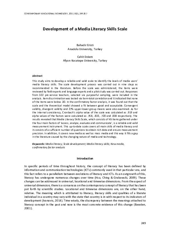 (PDF) Development of a Media Literacy Skills Scale