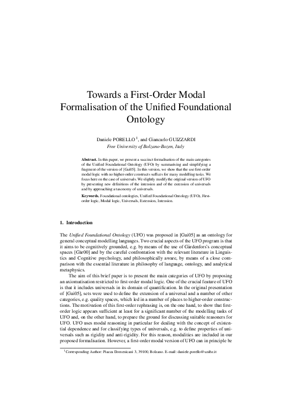 Pdf Towards A First Order Modal Formalisation Of The Unified Foundational Ontology