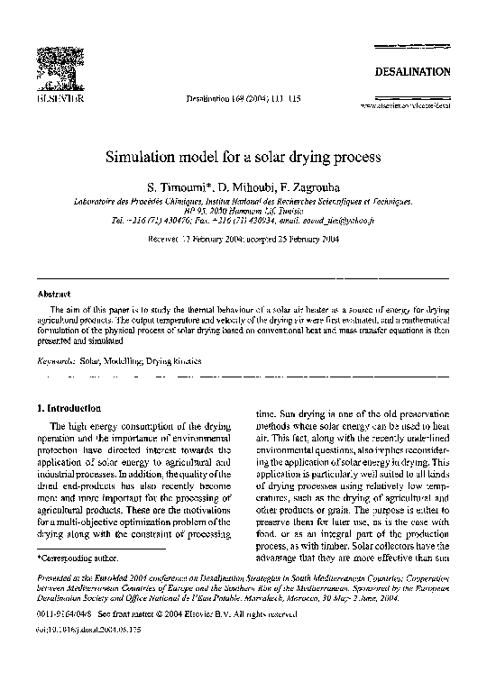 (PDF) Simulation model for a solar drying process