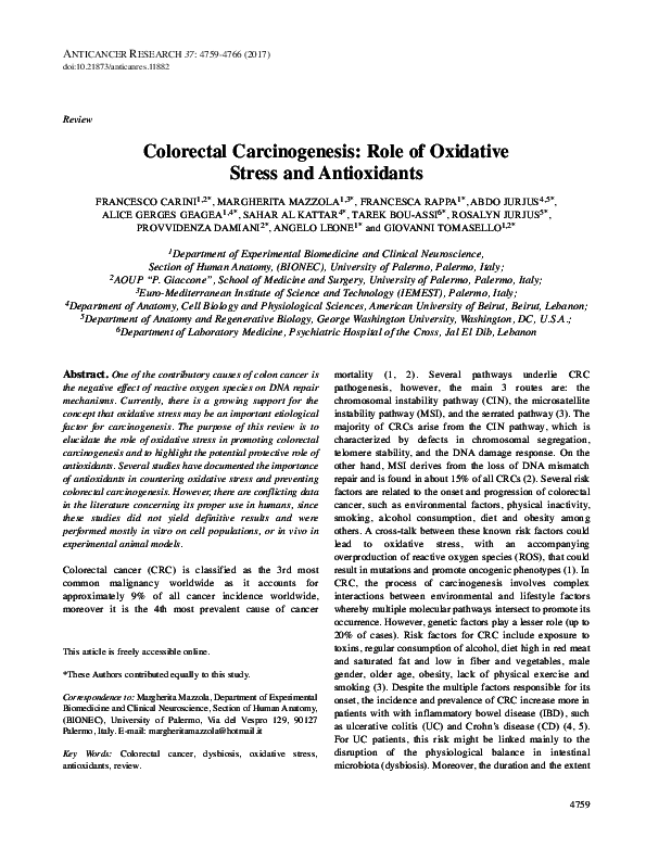 (PDF) Colorectal Carcinogenesis: Role of Oxidative Stress and Antioxidants
