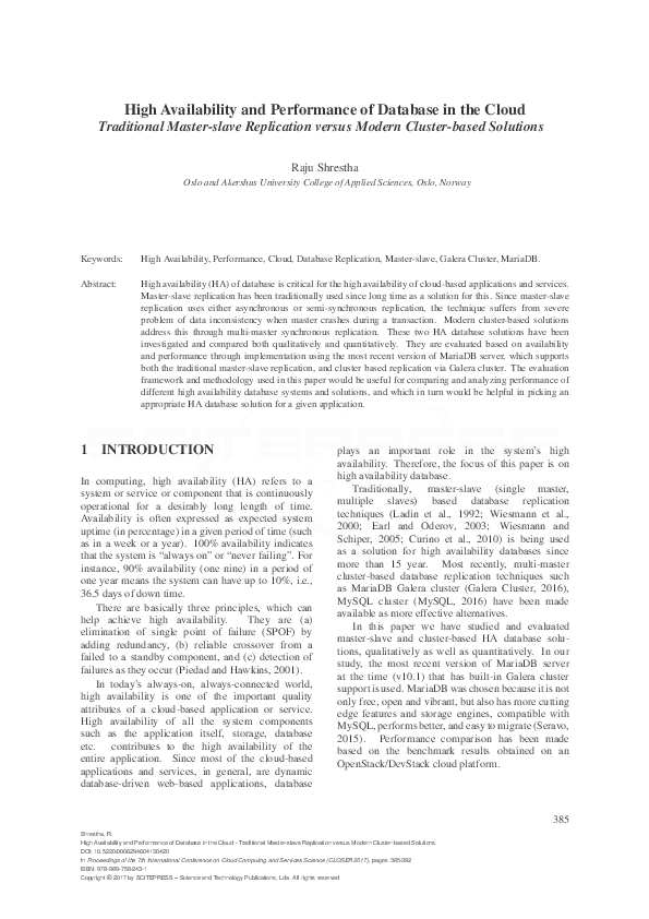 (PDF) High Availability and Performance of Database in the Cloud Traditional Master-slave ...