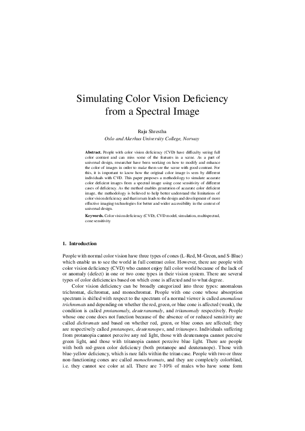 Pdf Simulating Color Vision Deficiency From A Spectral Image Raju Shrestha