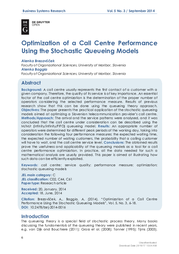 Pdf Optimization Of A Call Centre Performance Using The Stochastic