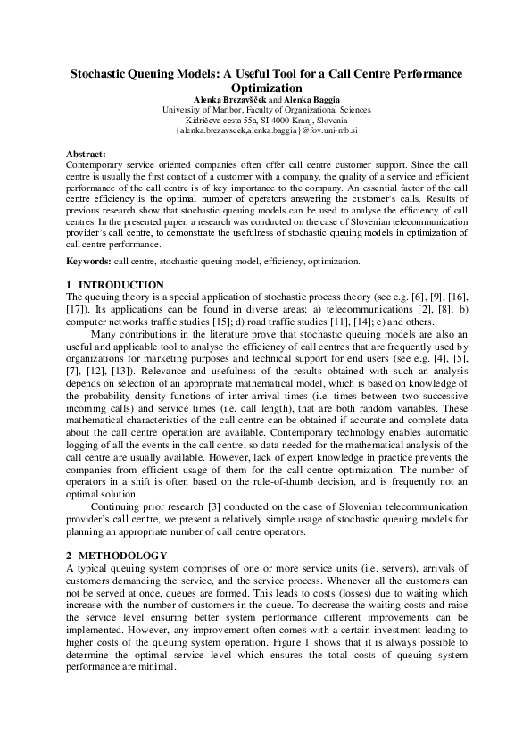 (PDF) Stochastic Queuing Models: A Useful Tool for a Call Centre Performance Optimization