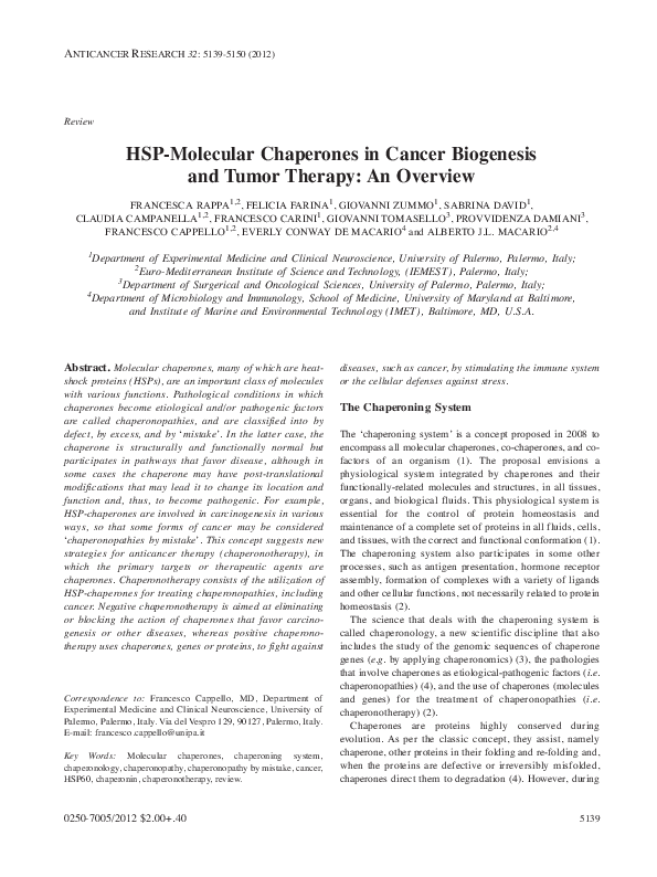 (PDF) HSP-molecular chaperones in cancer biogenesis and tumor therapy ...
