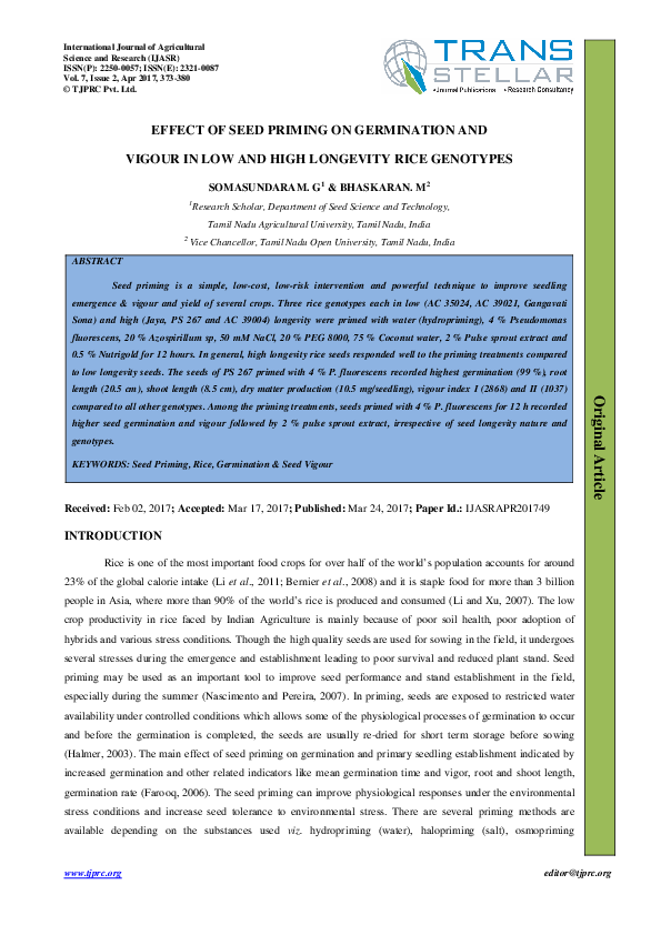 (PDF) EFFECT OF SEED PRIMING ON GERMINATION AND VIGOUR IN LOW AND HIGH LONGEVITY RICE GENOTYPES