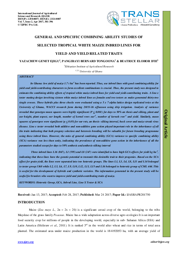 (PDF) GENERAL AND SPECIFIC COMBINING ABILITY STUDIES OF SELECTED TROPICAL WHITE MAIZE INBRED ...