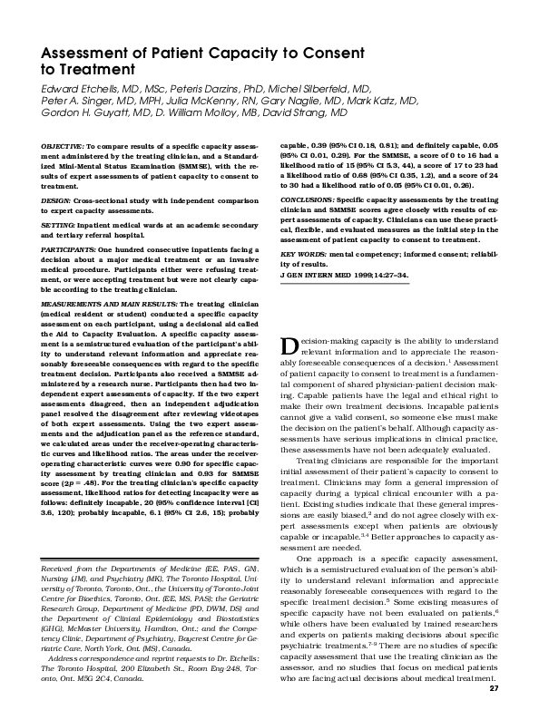 (PDF) Assessment of patient capacity to consent to treatment