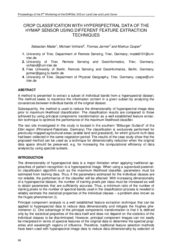 Pdf Crop Classification With Hyperspectral Data Of The Hymap Sensor Using Different Feature