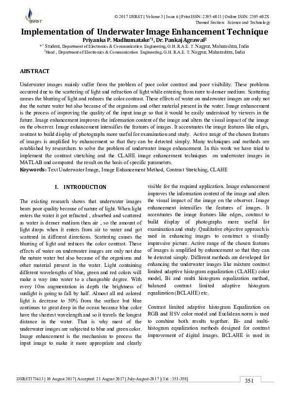 Pdf Implementation Of Underwater Image Enhancement Technique