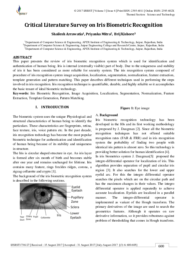 Pdf Critical Literature Survey On Iris Biometric Recognition