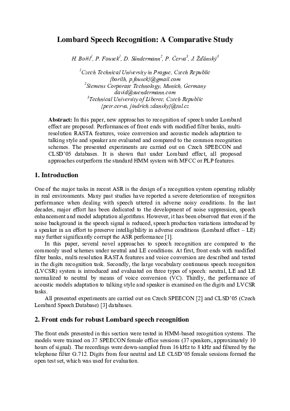 (PDF) Lombard Speech Recognition: A Comparative Study