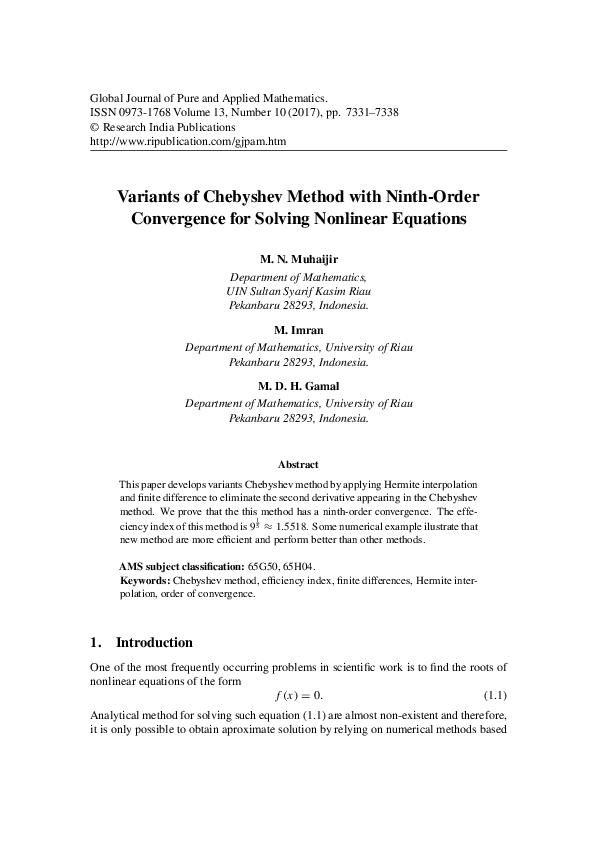 Pdf Variants Of Chebyshev Method With Ninth Order Convergence For Solving Nonlinear Equations