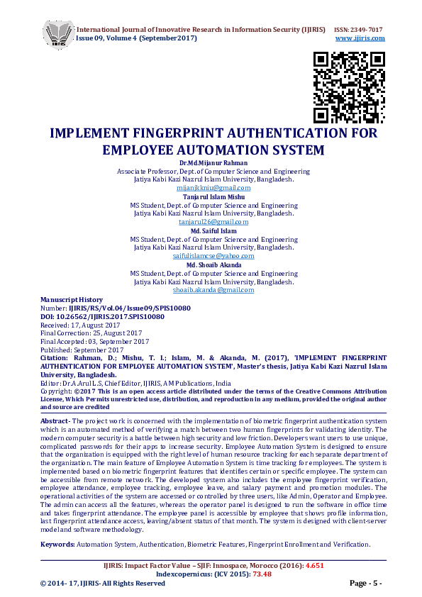 Pdf Implement Fingerprint Authentication For Employee Automation System