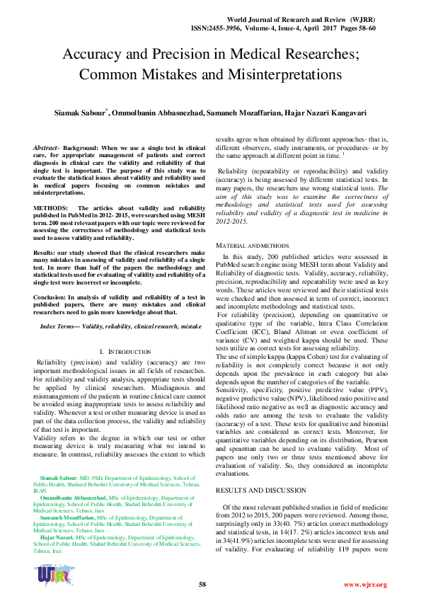 (PDF) Accuracy and Precision in Medical Researches;Common Mistakes and ...