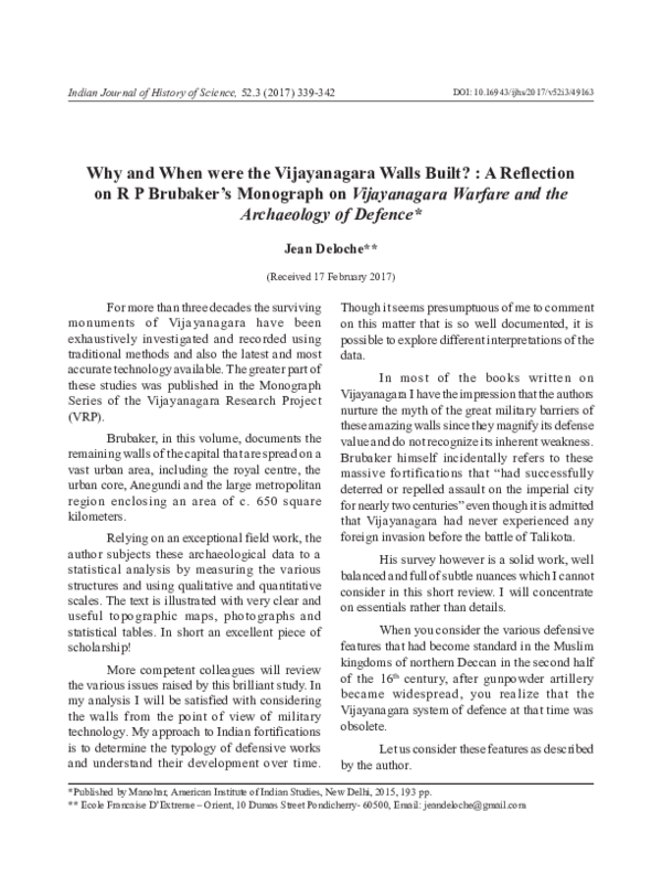 (PDF) Why and When were the Vijayanagara Walls Built? : A Reflection on ...