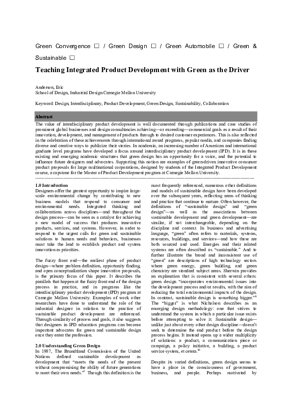(PDF) Teaching Integrated Product Development with Green as the Driver
