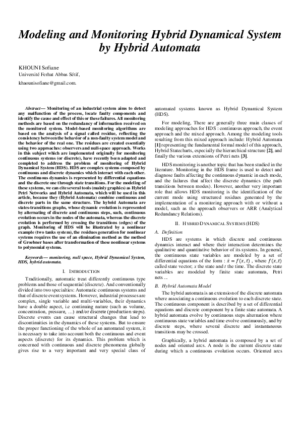 (PDF) Modeling and Monitoring Hybrid Dynamical System by Hybrid Automata