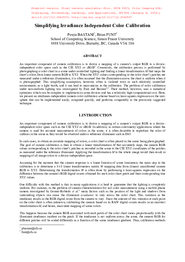 (PDF) Simplifying irradiance independent color calibration | Pouya Bastani - Academia.edu