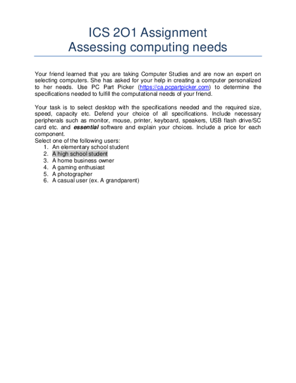 (PDF) ICS 2O1 Assignment Assessing computing needs