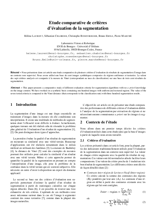 (PDF) Etude comparative de critères d'évaluation de la segmentation