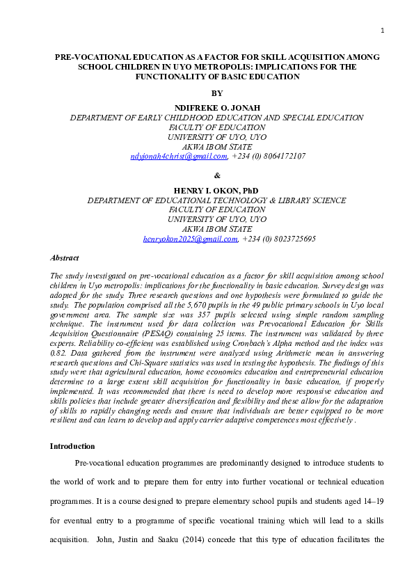 (DOC) PRE-VOCATIONAL EDUCATION AS A FACTOR FOR SKILL ACQUISITION AMONG ...
