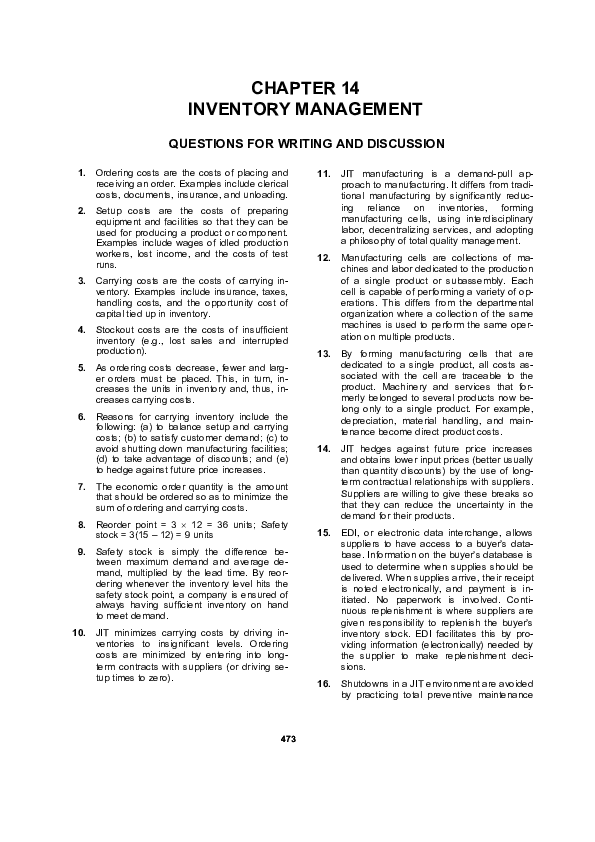 (PDF) CHAPTER 14 INVENTORY MANAGEMENT QUESTIONS FOR WRITING AND DISCUSSION