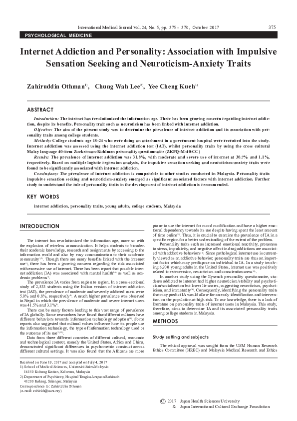 (PDF) Internet Addiction and Personality: Association with Impulsive ...