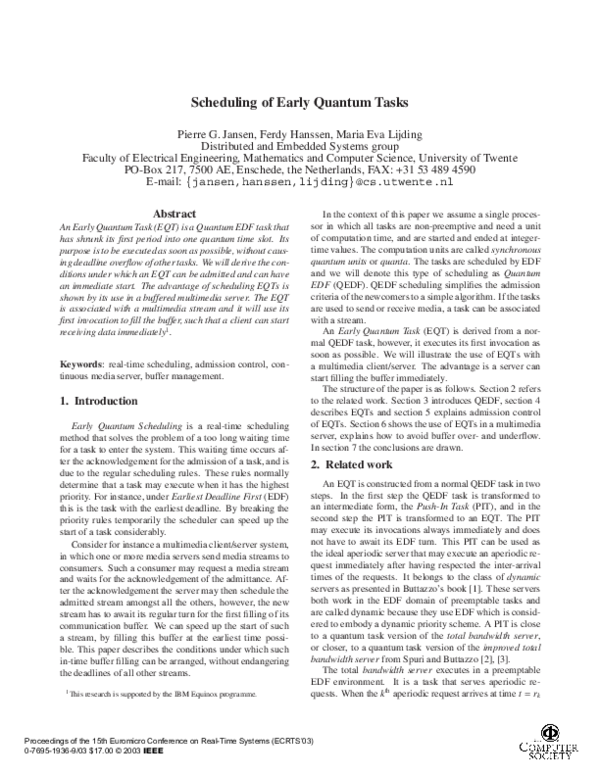 (PDF) Scheduling of early quantum tasks