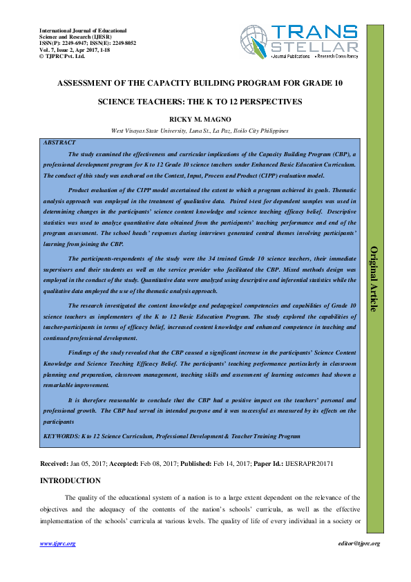 (PDF) ASSESSMENT OF THE CAPACITY BUILDING PROGRAM FOR GRADE 10 SCIENCE ...