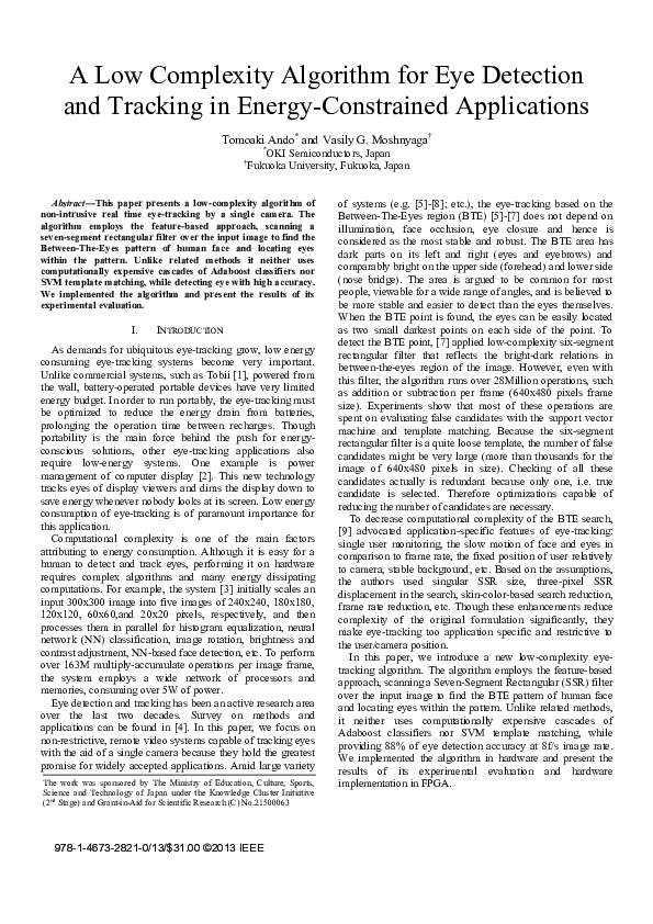 Pdf A Low Complexity Algorithm For Eye Detection And Tracking In Energy Constrained Applications