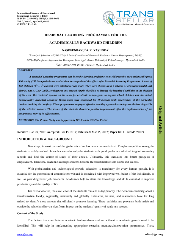 (PDF) REMEDIAL LEARNING PROGRAMME FOR THE ACADEMICALLY BACKWARD CHILDREN